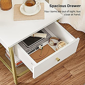 VASAGLE White Nightstand with Drawer, Bedside Table, End Table with Open Shelf, Modern Style for Bedroom, White and Gold ULET512A10
