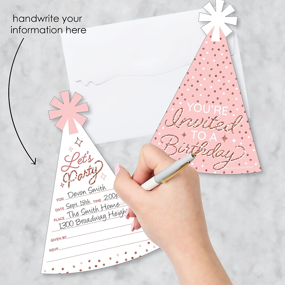 Big Dot of Happiness Pink Rose Gold Birthday - Shaped Fill-In Invitations - Happy Birthday Party Invitation Cards with Envelopes - Set of 12