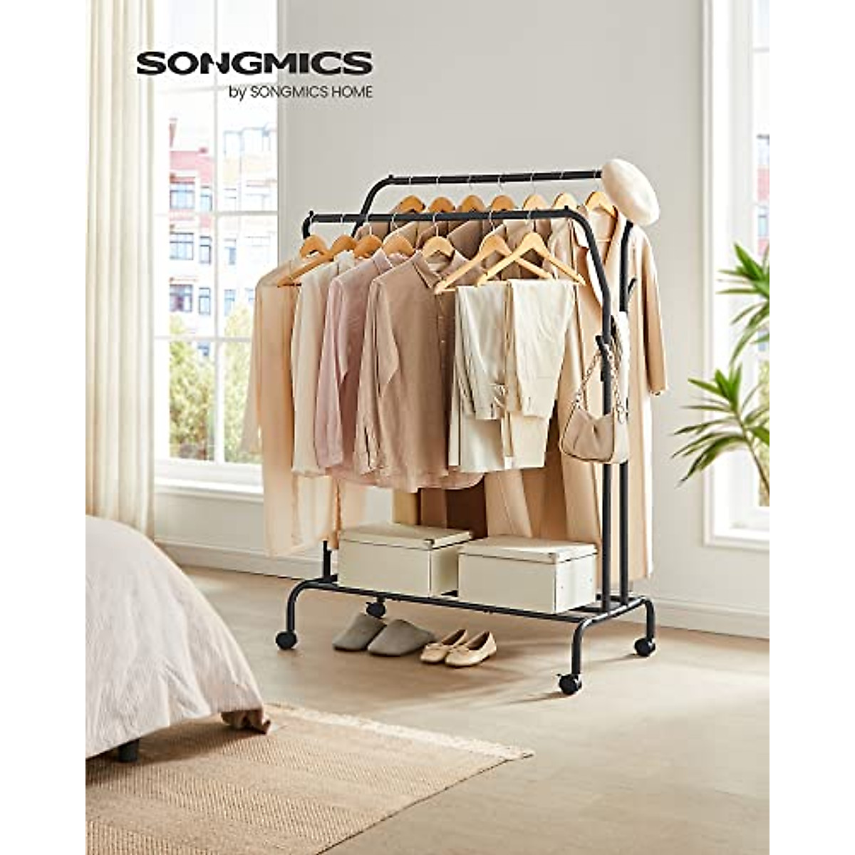 SONGMICS Clothes Rack, Double-Rod Clothing Rack with Wheels, Heavy-Duty Metal Frame, Garment Rack, 220 lb Max. Total Load, 40.7 Inches Wide, Clothes Storage and Display, Black UHSR107B01
