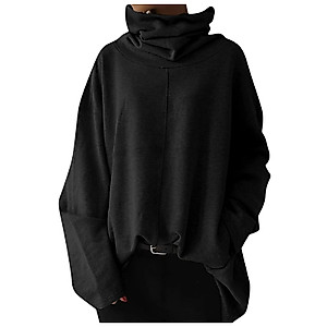 iQKA Women Long Sleeve High Neck Sweatshirt Solid Color Casual Loose Turtleneck Pullover Tops Fall Blouse S-3XL(Black，XXL)