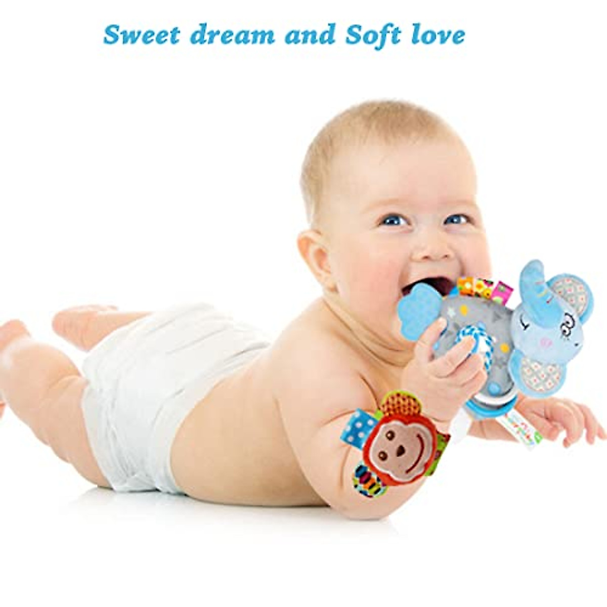 Baby Plush Rattles Toys 0-3-6-12 Months, Soft Hand Grip Toys with Teether, Elephant & Monkey Wrist Rattles for Infant Boy or Girl