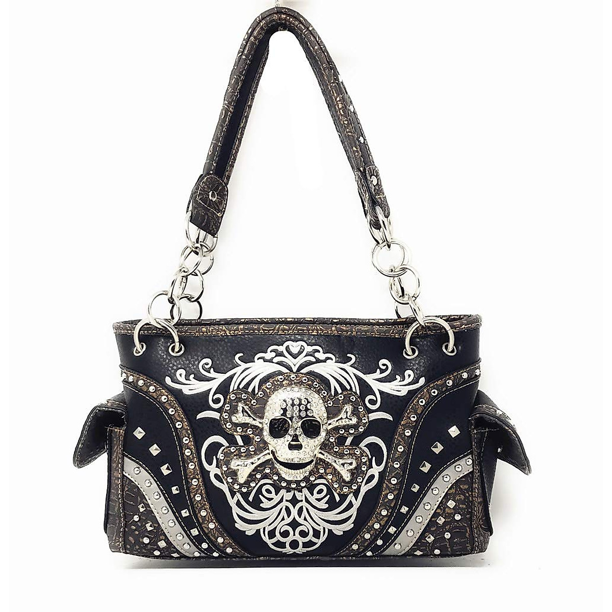 Texas West Women's Embroidered Metal Skull Purse Handbag and Wallet set in 7 colors (Black Set)