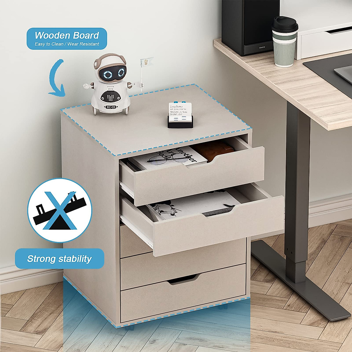 Salfanre Filing Cabinet 5 Drawer, Mobile Wood File Cabinet, Office Drawers, Under Desk Filing Cabinet, Office Storage Cabinet, Grey