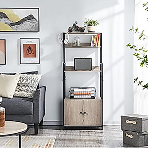 Yaheetech 4-Tier Kitchen Bakers Rack with Storage Cabinet and Hutch, Microwave Oven Stand Coffee Bar Pantry Cabinet with 8 S Hooks, Freestanding Kitchen Shelves Spice Rack, Gray