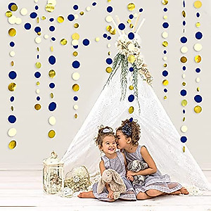 46 Ft Navy Blue and Gold Circle Dots Garland Royal Blue Hanging Paper Polka Dot Streamer for Birthday Wedding Bridal Baby Shower Graduations Nautical Ahoy Achor Pirate Theme Party Decorations Supplies
