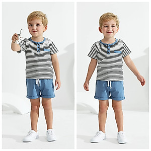 Weixinbuy Toddler Boy Summer Clothes Baby Striped T-Shirt Tops+Solid Shorts 2PCS Outfits Set