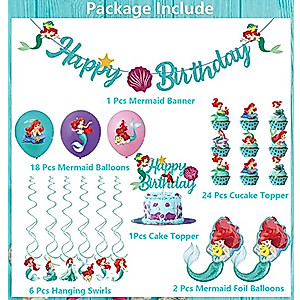 GOGOPARTY Little Mermaid Birthday Decorations , 52 Pcs Mermaid Ariel Birthday Party Supplies Include Banner, Cake Topper, Cupcake Topper, Balloons, Swirl for Kids Baby Shower Mermaid Party Decors