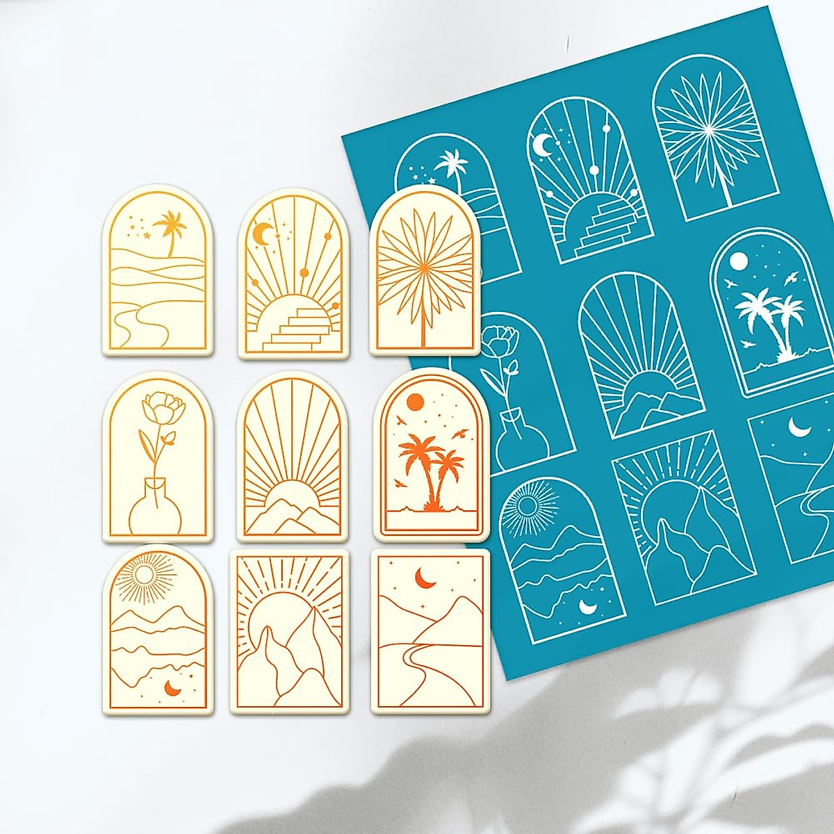 OLYCRAFT 4x5 Inch Clay Stencils Arched Landscape Pattern Silk Screen for Polymer Silk Screen Stencils 9 Styles Landscape Mesh Transfer Stencils Boho Theme Mesh Stencil for Polymer Clay Jewelry Making