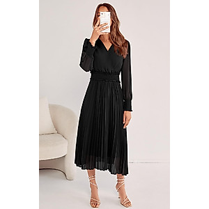 PRETTYGARDEN Wrap V Neck Spring Dresses for Women 2024 Long Sleeve Smocked Wedding Guest Dresses Flowy Pleated Midi Dress (Black,X-Large)