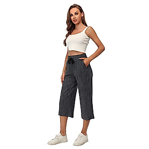 RESHE Womens Capri Pants Wide Leg Loose Comfy Drawstring Lounge Pajama Pants Yoga Capris with Pockets (Deep Hemp Gray, S)