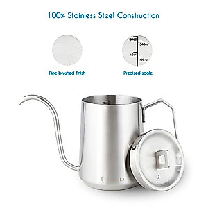 Easyworkz Gooseneck Pour Over Coffee Kettle 20 oz Stainless Steel Hand Drip Coffee Pot With Long Narrow Spout, Brushed Silver