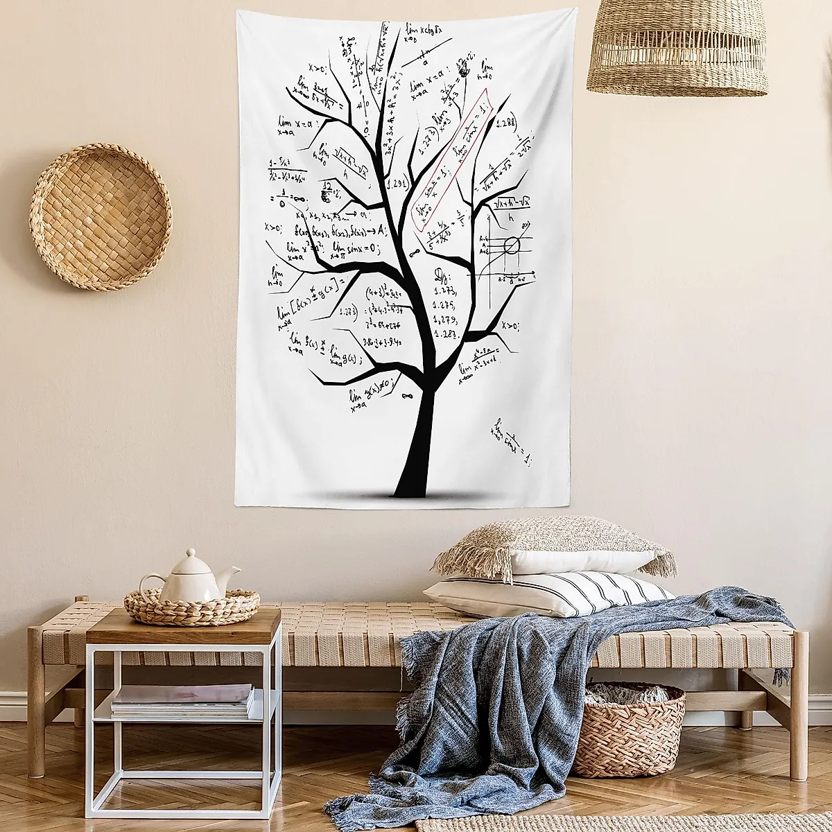 Lunarable Mathematics Room Tapestry King Size, Math Tree Branches Complex Formulas Solution Knowledge Print, Wall Hanging Bedspread Bed Cover Wall Decor, 30" X 45", Black and White