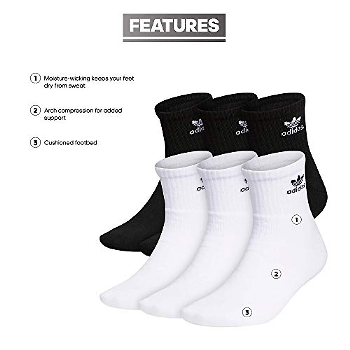 adidas Originals Trefoil Quarter Socks (6-Pair), White/Black, Large