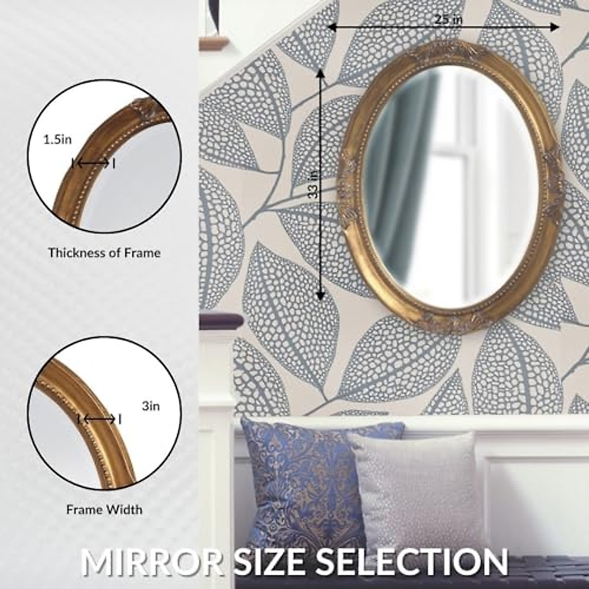 Howard Elliott Queen Ann Oval Antique Gold Leaf Wall Mirror, Oval Bevelled Hanging Wood Framed Vanity Mirrors for Home Decor, Living Room, Bathroom, Bedroom, or Hallway, 25 x 33 Inch