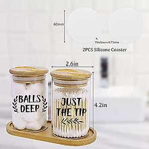 2 Pack Glass Qtip Holder Bathroom Set with Vanity Tray,Apothecary Jars with Bamboo Lids,Bathroom Cotton Ball and Qtip Organizer Storage Container Glass Jar Set