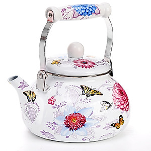 Yopay Enamel Tea Kettle Vintage 2.6Quart, Enameled Floral Teapot with Cool Ceramic Handle for Stovetop, Hot Water, Gift, Retro Decor, Flower Butterfly Pattern, No Whistling