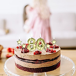 80th Birthday Candles for Cake - Number 80 & 8 & 0 Birthday Candles and Glitter Star Birthday Candles 2 Inch 3D Diamond Shape Number Candles for Birthday Party Anniversary Kids Adults(Gold)