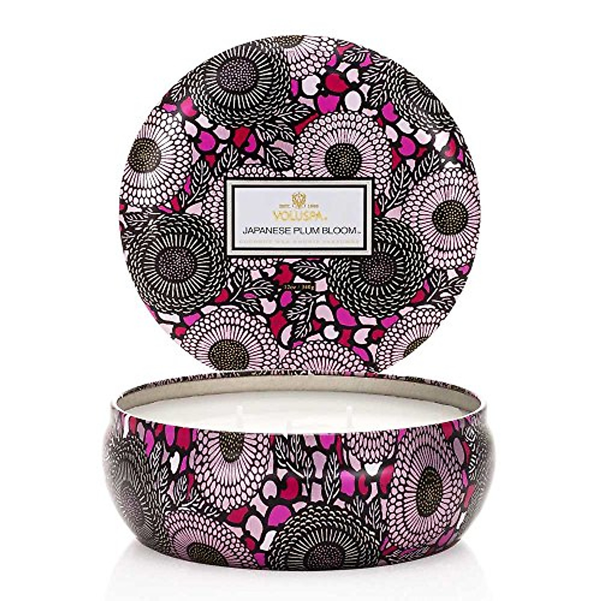 Voluspa Japanese Plum Bloom Candle | 3 Wick Tin | 12 Oz. | 40 Hour Burn Time | Vegan | All Natural Wicks and Coconut Wax for Clean Burning