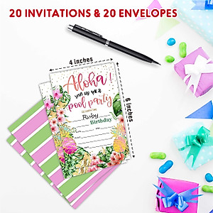 AWSICE Pool Party Birthday Invitations, Aloha Tropical Double-Sided Fill-In Invite Cards For Birthday Party, 20 Invitations With Envelopes, Decorations,Party Favor And Supply-A38
