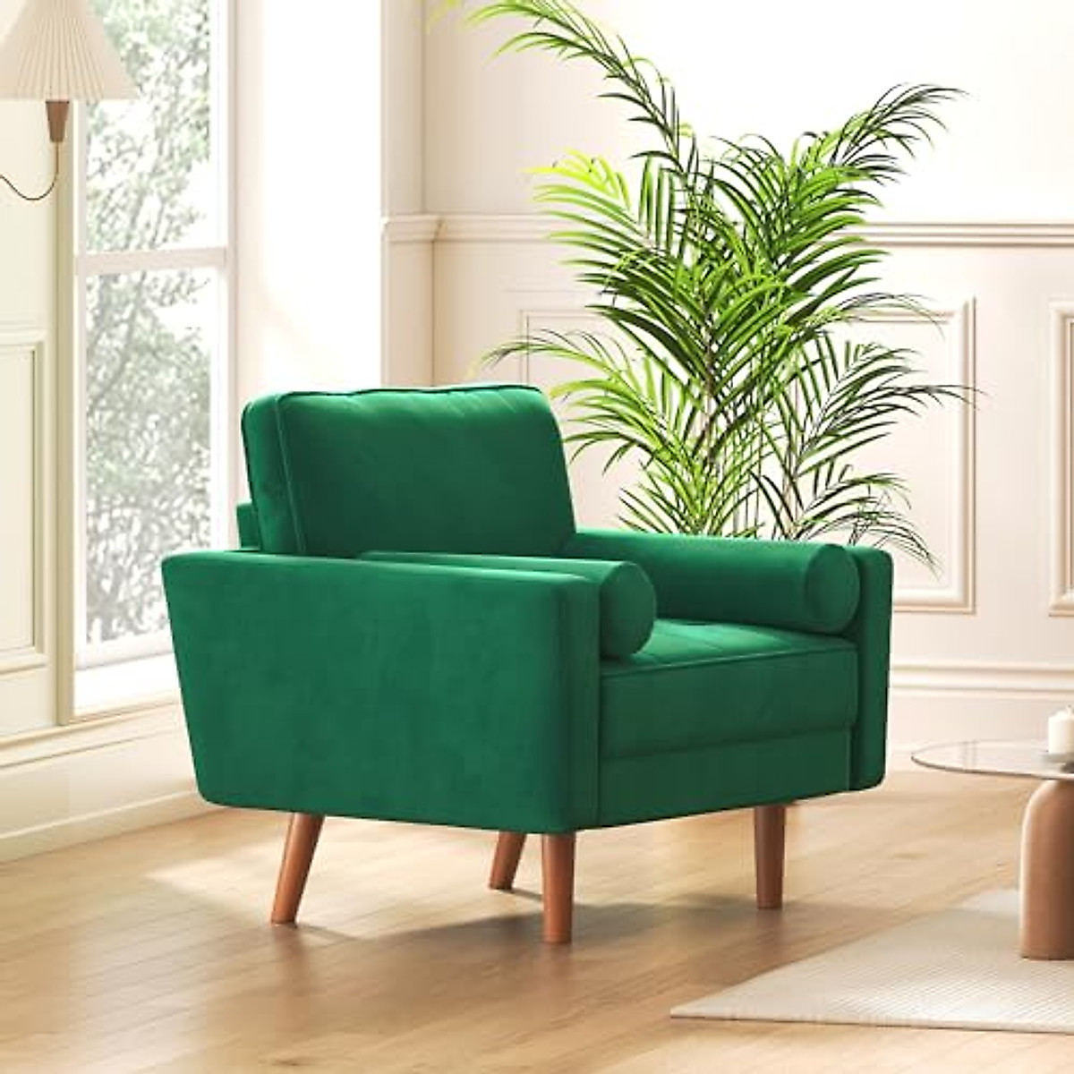 Vesgantti Green Velvet Accent Chair, Mid Century Modern Living Room Chairs, Button Tufted Arm Chairs with 2 Pillows, Comfy Sofa Chairs for Bedroom, Office