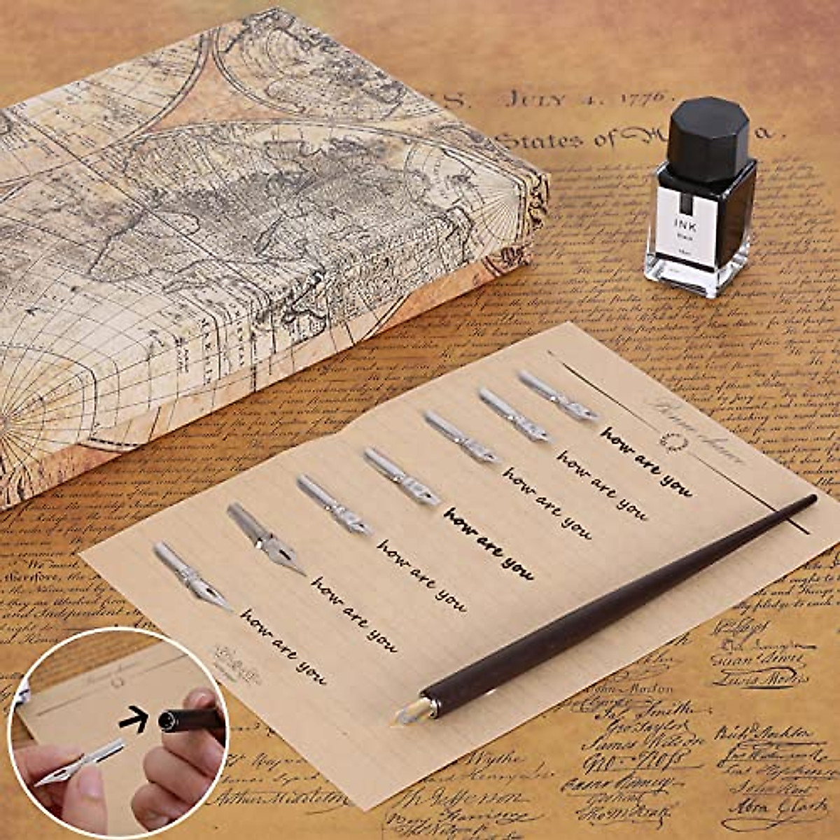 Vintage Quill Pen Ink Set,Feather Quill Pen with Wooden Calligraphy Pen, Including 7 Different Sizes of Nib, Calligraphy pen Set Gift & Women and Man(Grey)