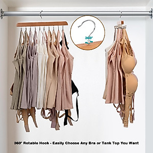 XCX Tank Top Hanger with Rotable Metal Hooks, Wooden Rotatable Bra Hanger, Closet Hanger Organizer for Bras, Camisoles, Bathing Suits, Belts, Carves, Ties (Wood, 2 Pack)