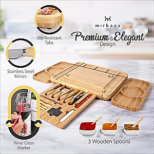 Bamboo Cheese Board and Knife Set, Wood Charcuterie Boards Set with Wine Glass Marker, Cheese boards Tray, Unique House warming Gifts for New Home, Gift Bridal Shower, Anniversary