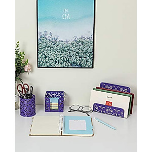 EasyPAG Cute Office Supplies 3 Piece Desk Organizer and Accessories Set - Letter Sorter, Pen Holder,Sticky Notes Holder,Purple