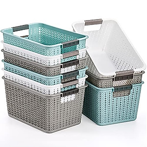 Lawei 9 Pack Plastic Storage Baskets, 10.5 x 7.1 x 5.5 Inch Weave Storage Bins with Handle, Plastic Shelf Organizer Basket for Home Cabinet, Pantry Storage Bins for Toys, Classroom