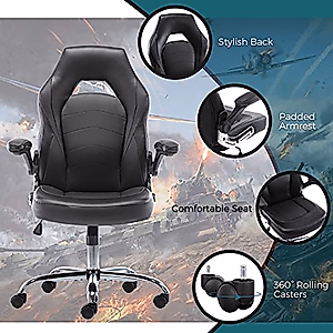 Office Chair, Gaming Chair Ergonomic Desk Chair Computer Chair PU Leather Executive Swivel Chair with Flip-up Armrests and Lumbar Support for Working, Studying, Gaming, Black