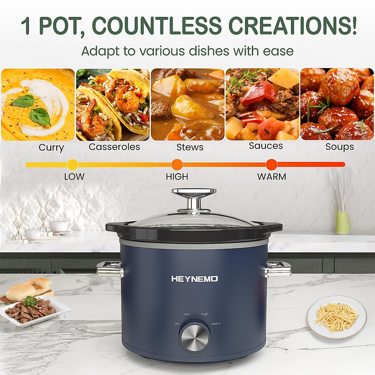 2 QT Small Slow Cooker, 3 Adjustable Temp, Upgraded Ceramic Pot, Easy Clean-up, Nutrient Loss Reduction, Sauces, Stews & Dips, Stainless Steel, Blue