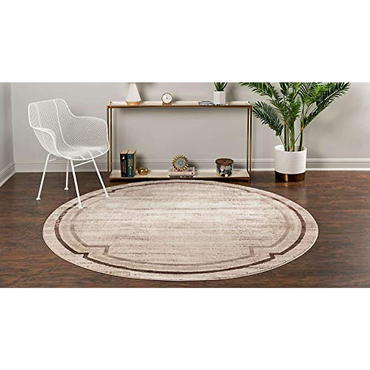 Unique Loom Oasis Collection Modern, High-Low Pile, Border, Stripes, Abstract Area Rug (7' 0 x 7' 0 Round, Brown/Beige)