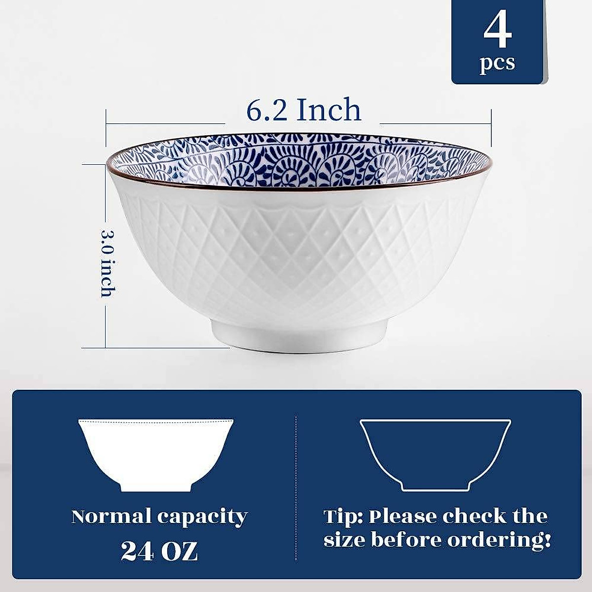 Y YHY 24 OZ Ceramic Bowls Set of 4 - Japanese Bowls for Ramen, Soup, Cereal, Fruit, Salad, Pasta - Porcelain Bowls for Kitchen Decor & Housewarming Gift - Dishwasher & Microwave Safe