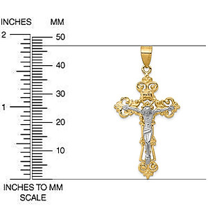 Diamond2Deal 14K White and Yellow Gold INRI Fleur De Lis Crucifix Pendant Fine Jewelry for Women (L- 47 mm W- 23 mm)