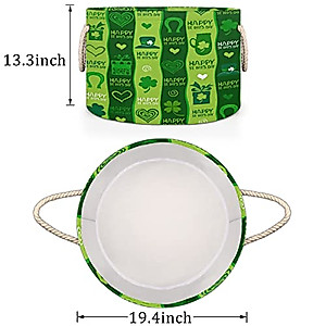 St. Patrick Beer Clover Leaf Horseshoes Large Round Baskets for Storage Laundry Baskets with Handles Blanket Storage Basket for Bathroom Shelves Bins for Organizing Nursery Hamper Girl Boy