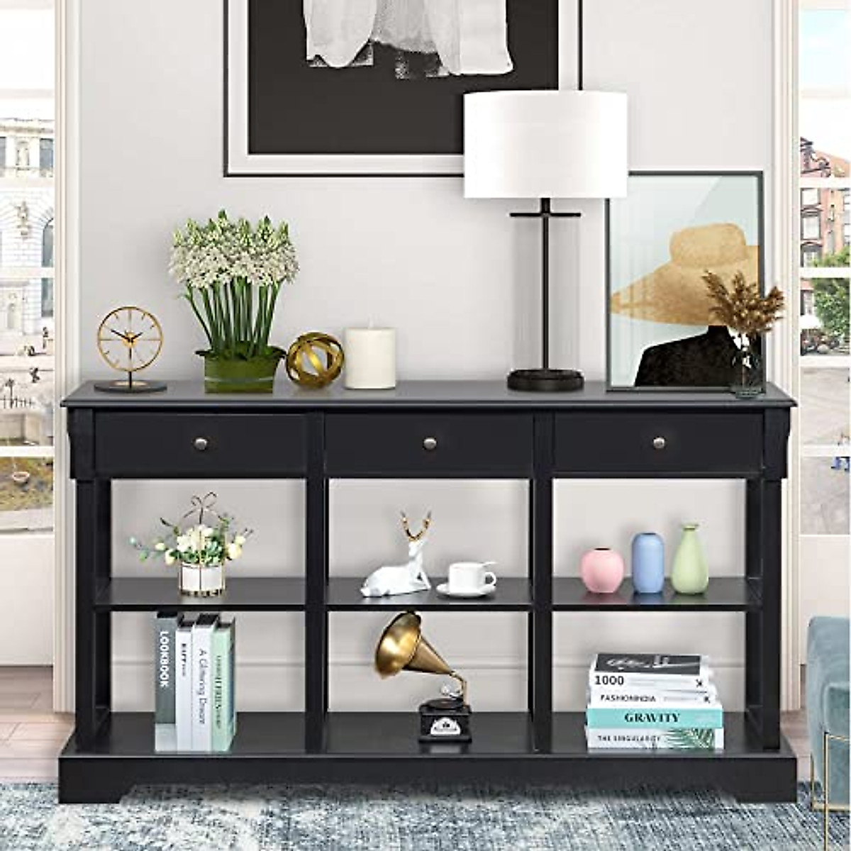 Karl home Console Table with 3 Drawers, Entryway Desk Sofa Side Table with 6 Bottom Cube Storage Shelves, Vintage TV Stand for Hallway Living Room Office, Black 32.5" H