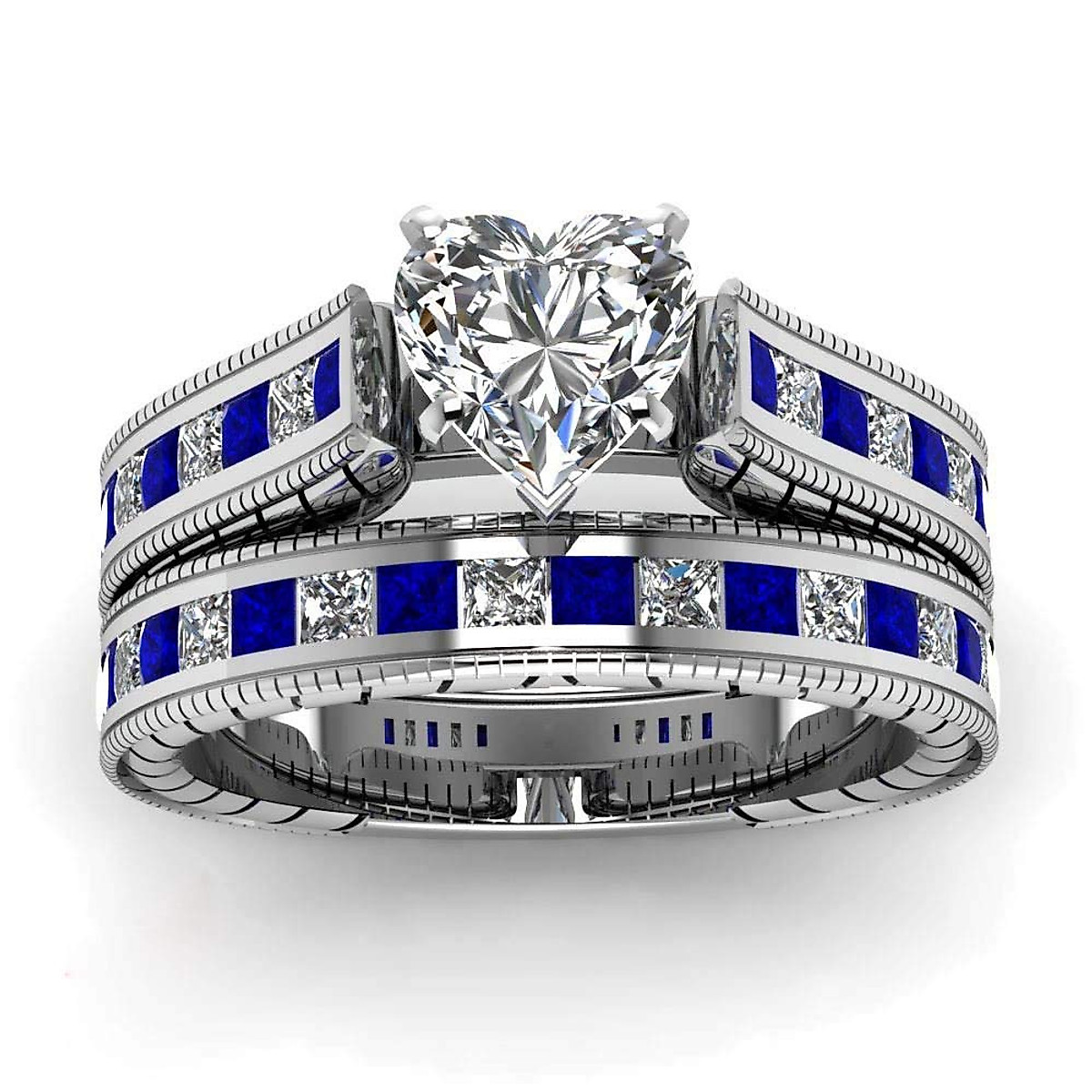 Ringcrown Blue Cz Couple Rings White Gold Filled Heart Womens Wedding Ring Sets Titanium Steel Man Wedding Band