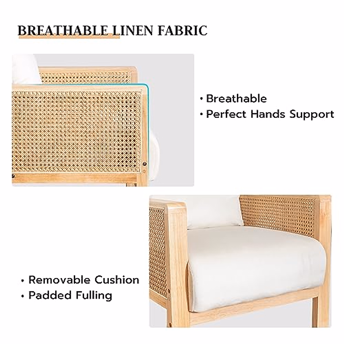 Bonzy Home Modern Velet Accent Chair with Rattan Arms, Comfy Armchair with Solid Wooden Legs, Upholstered Easy Assembly Wooden Single Sofa Reading Nook Chairs for Living Room Bedroom Office, White