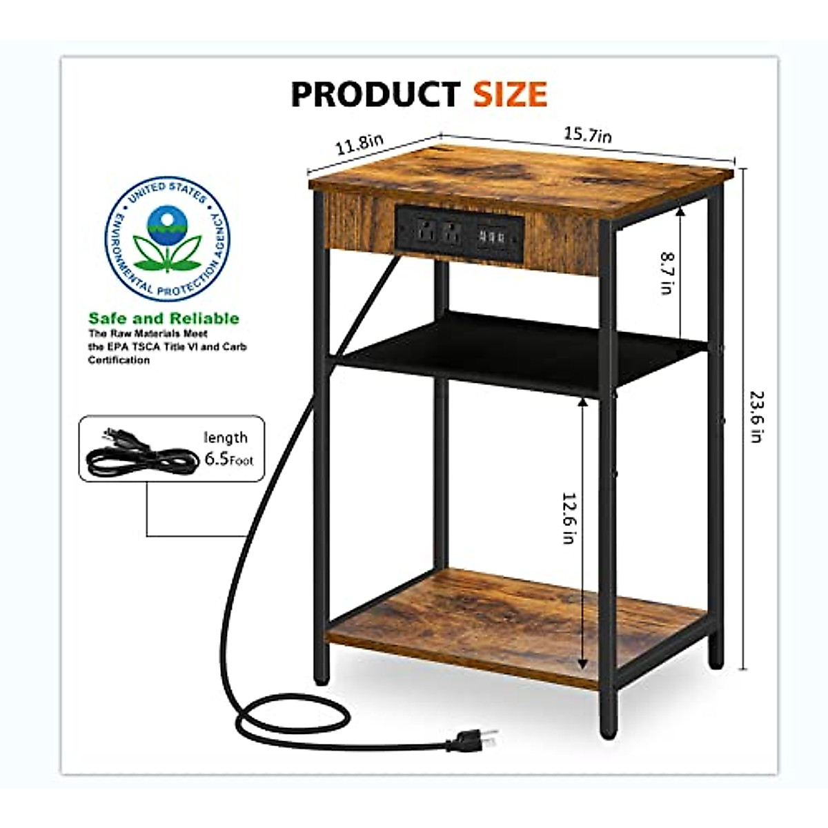 melos Nightstand with Charging Station, 3 Tier End Table with USB Ports & Power Outlets, Narrow Side Table for Small Spaces, Bedside Tables for Bedroom, Living Room, Rustic Brown