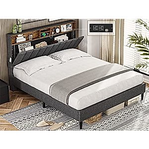 ADORNEVE Queen Bed Frame with Stoarge Headboard, USB Ports & Outlets, Platform Bed Frame Queen Size with Height Adjustable Headboard, Easy Assembly, Noise-Free, Dark Grey