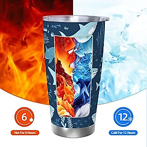 Sharks Tumbler with Lid and Straw 20oz Stainless Steel Car Cup for Hot and Cold Drinks, Double Wall Insulated Travel Coffee Mug Reusable Drink Thermos Cup Birthday Gifts
