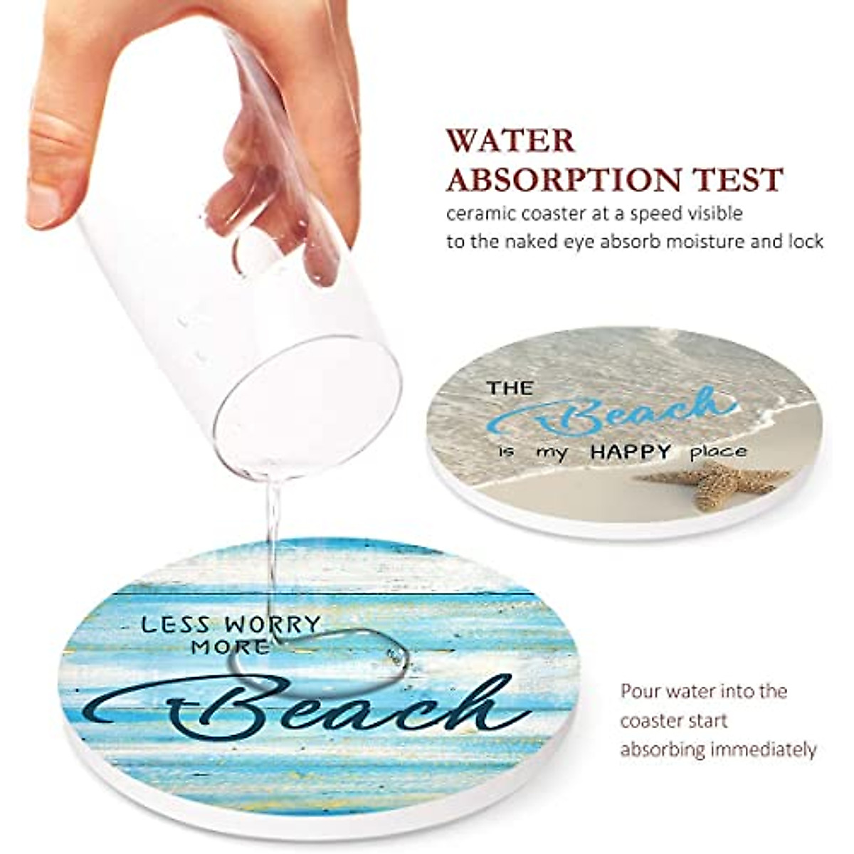 Coaster for Drinks Set of 6, Antique Teal Blue Wood Beach Absorbent Round Ceramic Stone Mat, with Cork Base and Metal Holder, Gift for Housewarming Room Bar Decor