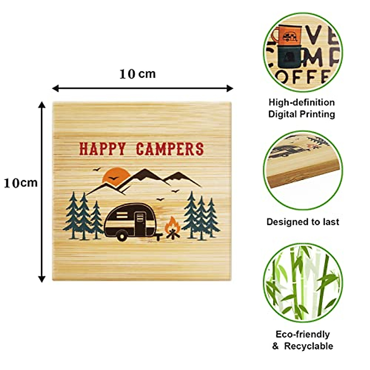 Haigoo Camping Coasters Set of 6, Happy Camper Bamboo Coaster with Holder, RV Lover Gifts Square Drink Coasters Suitable for Various Cups,Friends Home Bar RV Decor Camp Coasters