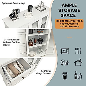 LOKO Buffet Sideboard, Kitchen Storage Cabinet, 2-Door Cupboard with 4 Drawers, Adjustable Shelf & Anti-Tipping Device, Multipurpose Console Cabinet (White)