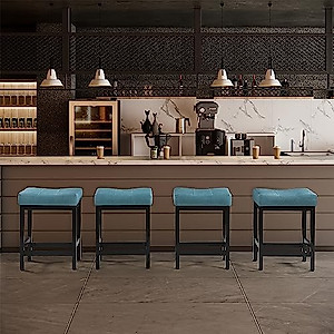 KATDANS Bar Stools Set of 2, 24" Counter Height Saddle Bar Stools, Upholstered PU Leather Bar Stools for Kitchen Island, Mid Century Modern Backless Barstools with Metal Base, KS861P-Teal, 2Pcs