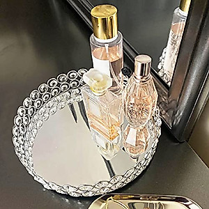 LINDLEMANN Decorative Tray - Metal Mirrored Ornate Crystal Vanity Tray - Elegant Design for Perfume Jewelry Makeup, Easter & Mothers' Day Gift (Round, 10in, Silver)