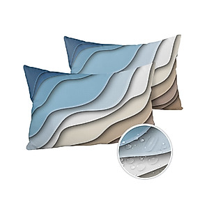 MUSWEDSEP Blue Stripe Outdoor Pillow Covers Pack of 2,Ocean Beach Modern Geometric Waterproof Throw Pillow Cover,Brown Gradient Water Ripple Decorative Cushion Case for Patio Garden Couch Sofa
