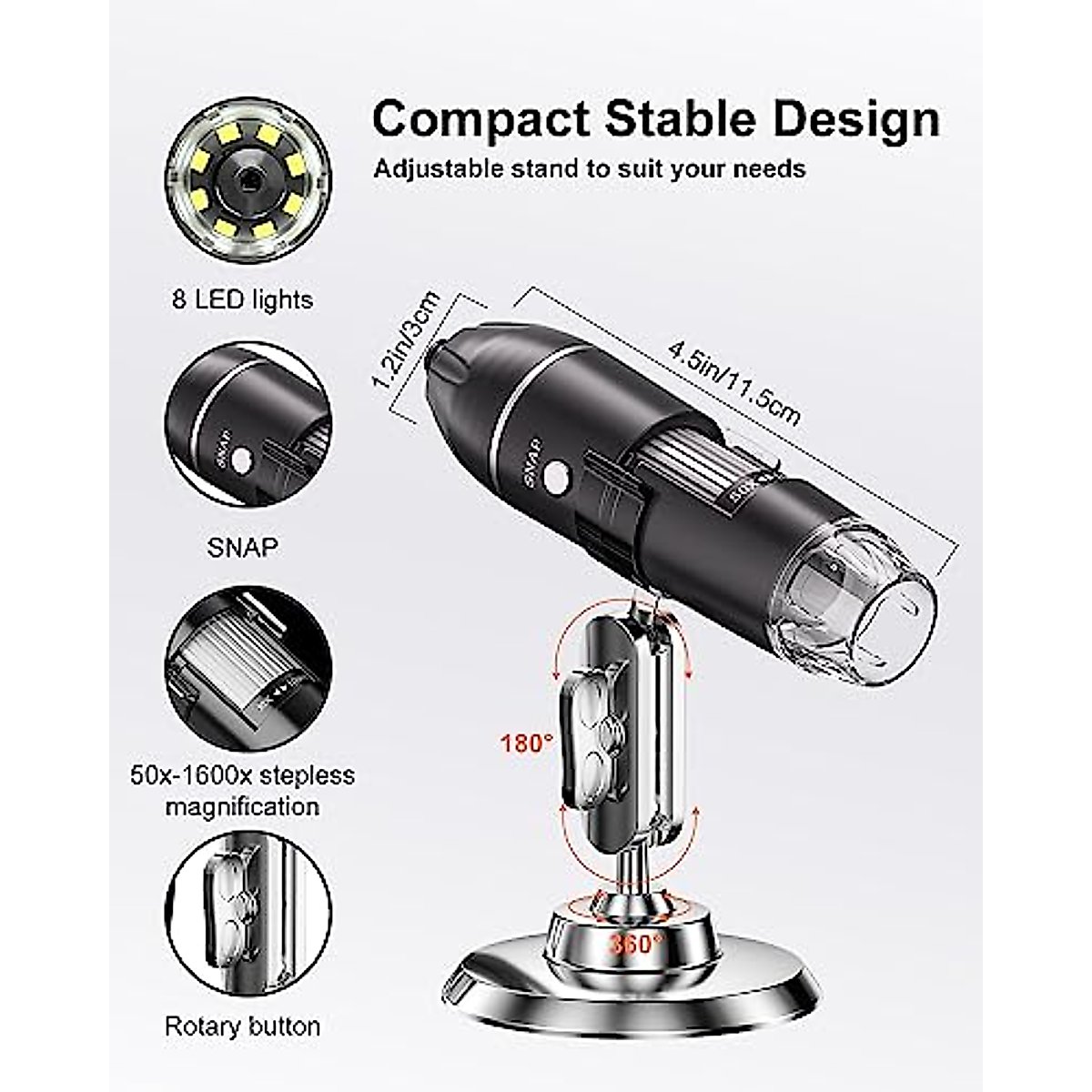 Digital Microscope Camera, Aopick Handheld USB 1440P HD Inspection Camera 50x-1600x Magnification Portable Handheld Pocket Microscopes with 8 LED & Stand, Compatible with iPhone, Android