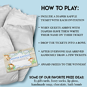 Amanda Creation Watercolor Jungle Monkeys Diaper Raffle Tickets for Baby Boy Showers, 20 2" X 3” Double Sided Insert Cards for Games, Bring a Pack of Diapers to Win Favors & Prizes!