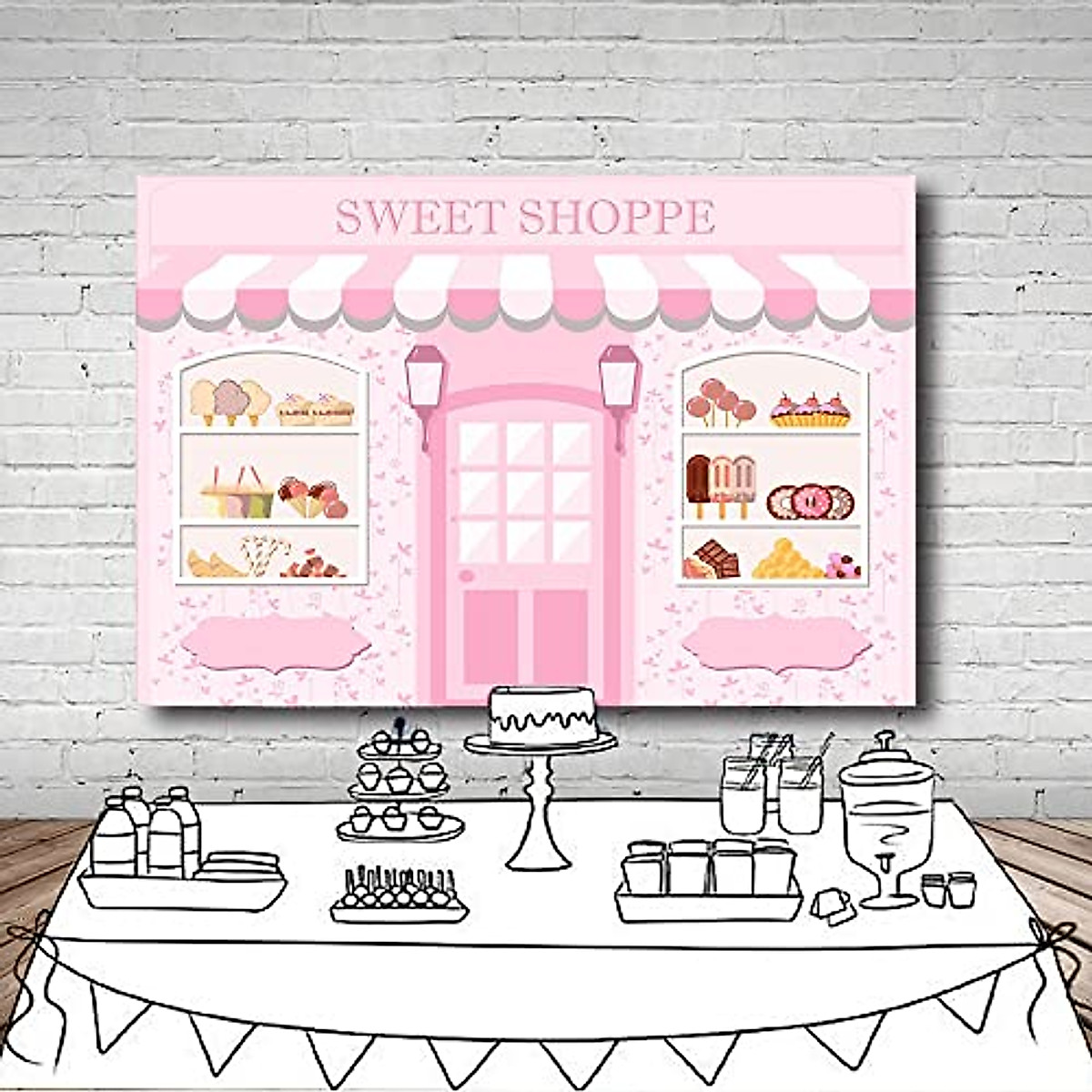 MEHOFOND Pink Sweet Shoppe Backdrop Dessert Parlor for Girls Birthday Photography Background Kids Party Banner Baby Shower Donut Ice Cream Cake Table Decor Photoshoot Studio Props 7x5ft
